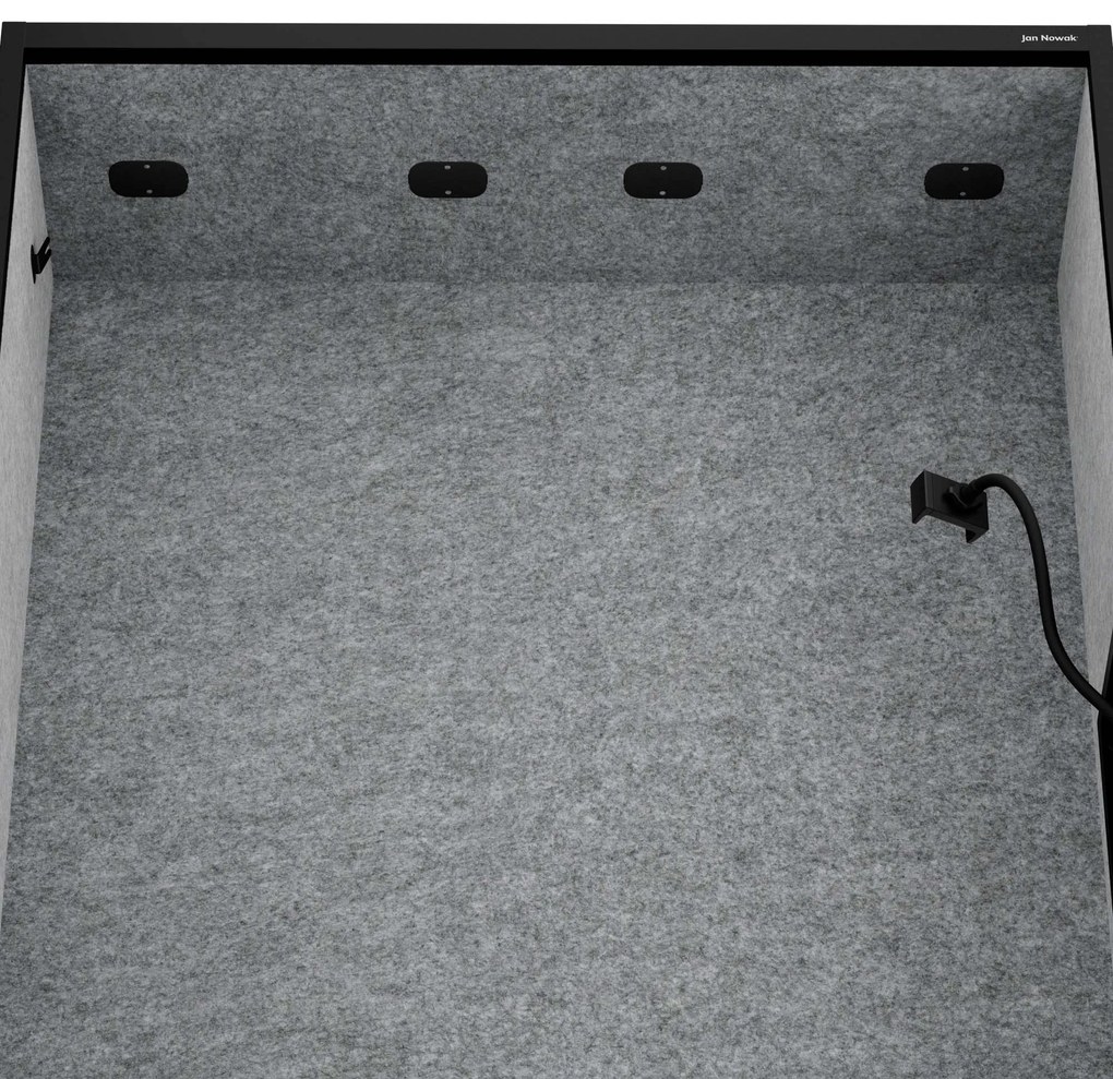 Kancelářská akustická kabina se sedátkem a USB-C portem, korpus černý / sedák šedá, 1150 mm: SALLY MentalBox