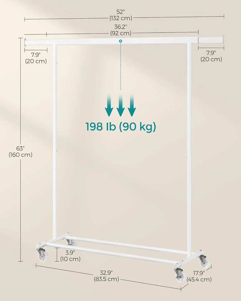 Oděvní stojan, kolečkový, max. nosnost 90 kg, bílý, nastavitelný mezi 92-132 cm