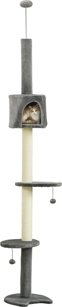 Kočičí škrabadlo PawHut k upevnění ke stropu, výška 217 cm s platformami, jeskyňkou, sisalovými sloupky a závěsnými míčky, světle šedé | Aosom