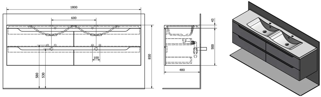 Sapho, WAVE dvouumyvadlová skříňka 180x50x48cm, bílá (WA181), WA180-3030