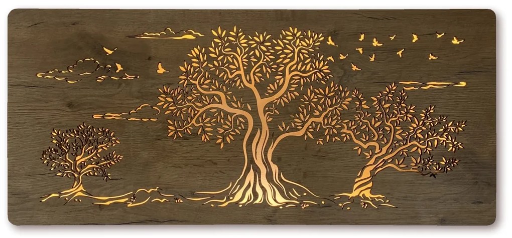 Li-Go "Tři olivy" světelný obraz s baterií 90x40cm varianta ovládání: manuál/pohybové čidlo, provedení povrchu: oliva