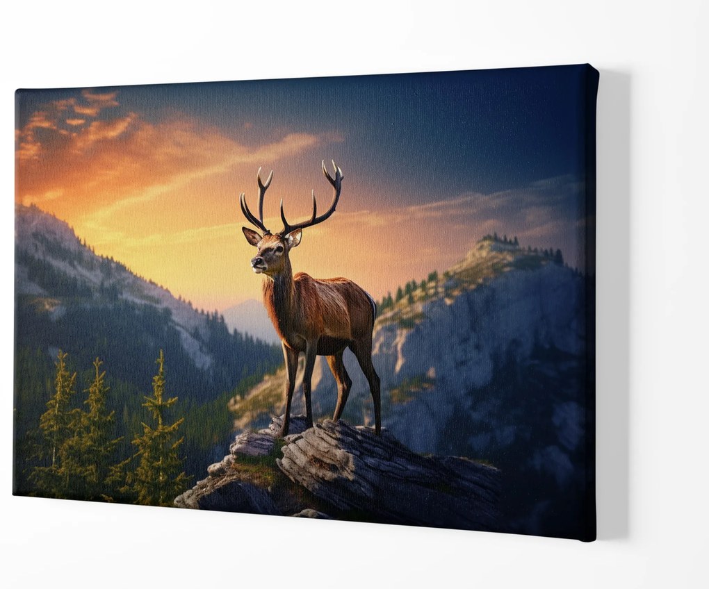 Obraz na plátně - Jelen na skále s magickým západem slunce FeelHappy.cz Velikost obrazu: 40 x 30 cm