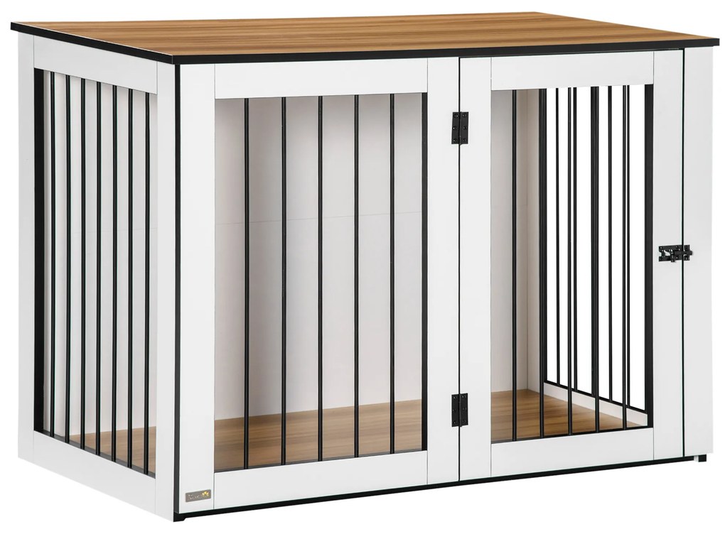 Klec pro psa PawHut, pro malé/střední psy, s uzamykatelnými dvířky, dřevotříska, 106x60x76cm, tmavý ořech+bílá| Aoso