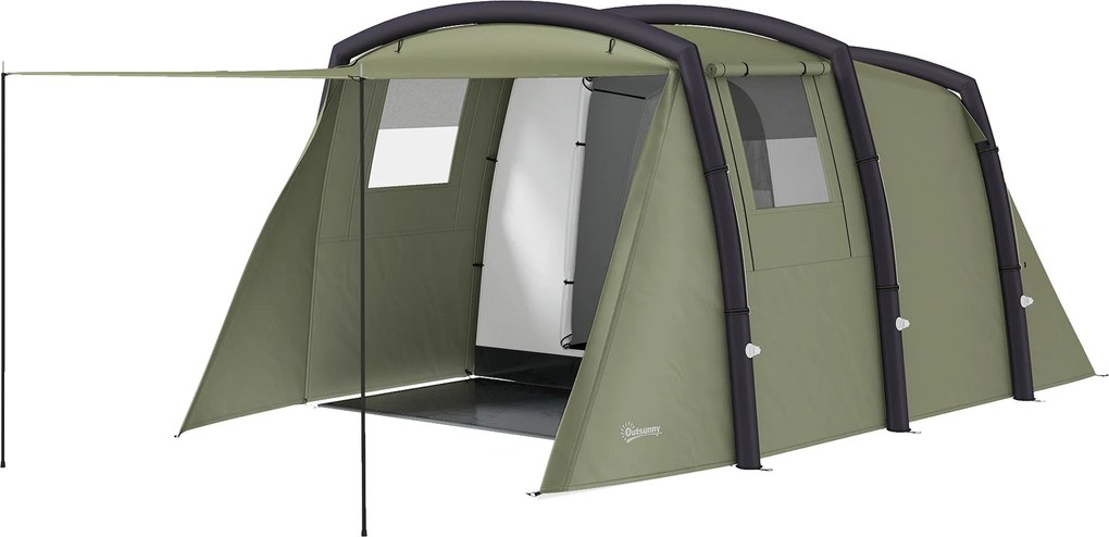 Outsunny nafukovací rodinný tunelový stan pro 3–6 osob — glamping stan s předsíňkou, síťovými okny, přepravní taškou, ochrana UPF50+, voděodolný, oliv
