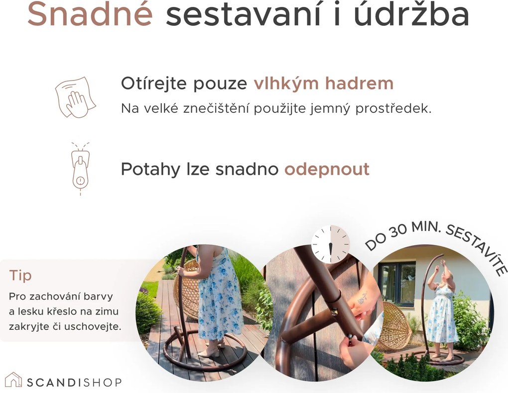 Šedé závěsné křeslo KOKON bez stojanu, bílo-šedý polštář