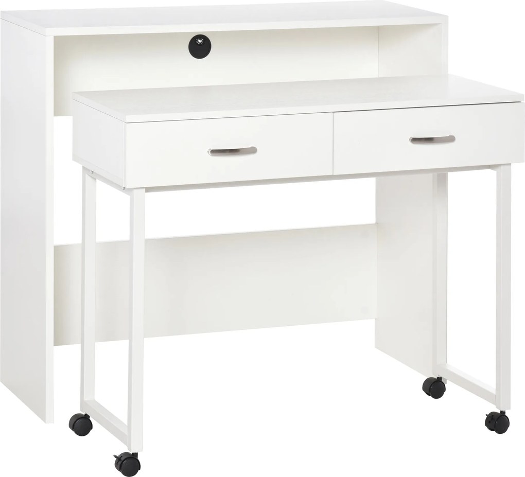 HOMCOM Sada 2 Stohovatelných Psacích Stolů na Kolečkách se 2 Zásuvkami pro Kancelář 100x36x88 cm Bílá | Aosom