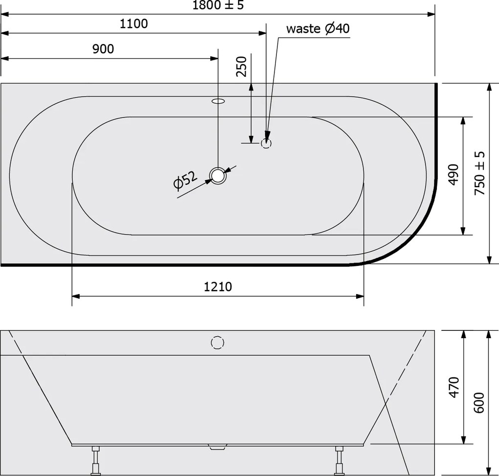 Polysan Polysan, VIVA L MONOLITH asymetrická vana 180x75x60cm, bílá, 72099M