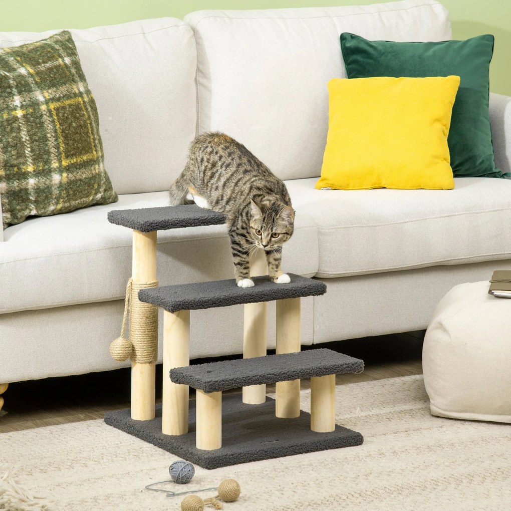 PawHut Kočičí Schody 3-Stupňové, 48 cm Pet Schody s Sisalovým Sloupem, Psí Schody s Hračkou, Pomůcka pro Vstup na Vyšší Postele, Borovicové Dřevo, Še…