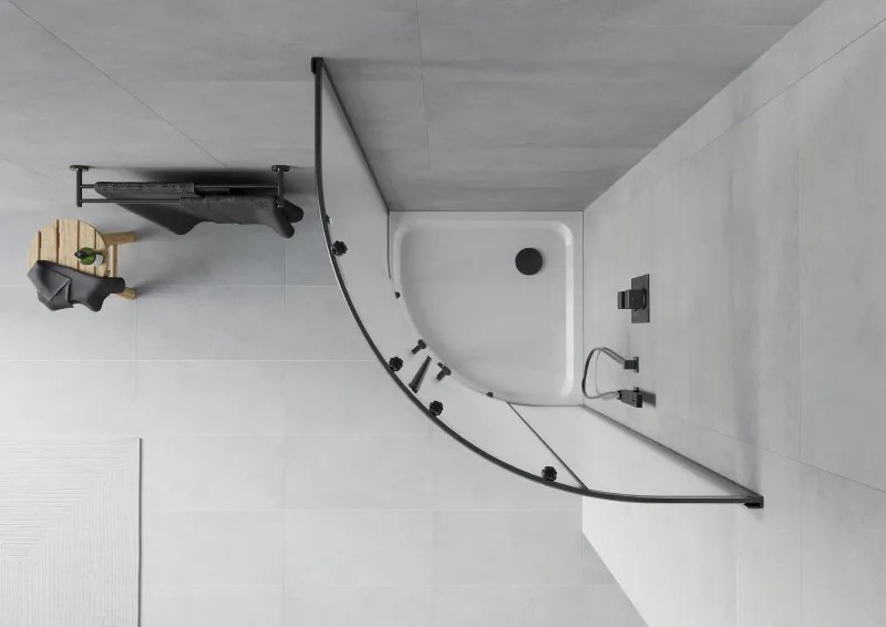 Mexen Rio, čtvrtkruhový sprchový kout 90(dveře)x90(dveře)x190 cm, 5mm sklo námraza, černý profil + bílá sprchová vanička SLIM, 863-090-090-70-30-4110B