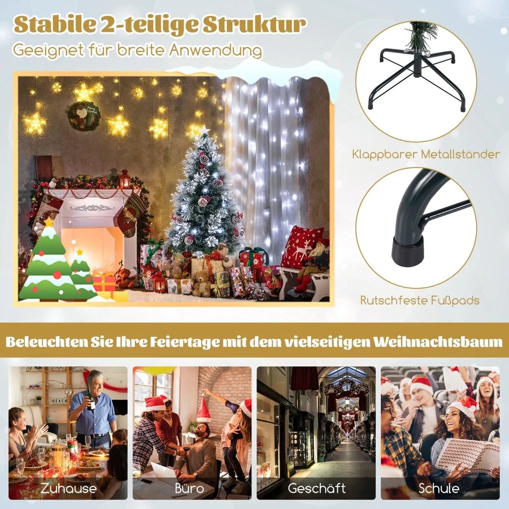 Costway Umělý vánoční stromek 150 cm se světly, sněhem a hvězdami, zelená a bílá