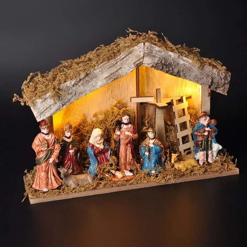 SOLIGHT LED dřevěný betlém podsvícený, 26 x 17cm, 6x LED, 2x AA