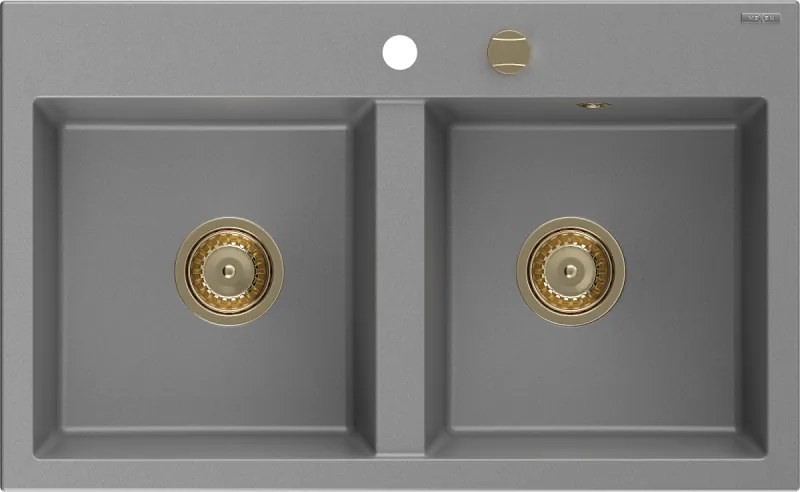 Mexen Hektor, 2-komorový granitový dřez 800x480x205 mm, šedá, zlatý sifon, 6521802000-71-G