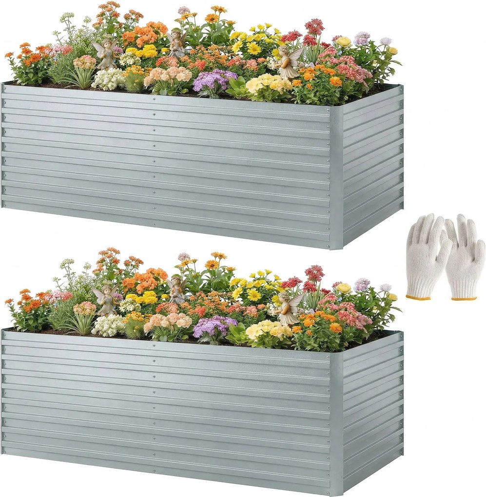 Outsunny 2× pozinkované vyvýšené záhony 180 × 90 × 60 cm — hluboké obdélníkové truhlíky s podpěrami, otevřeným dnem, včetně rukavic, pro zeleninu, ov…