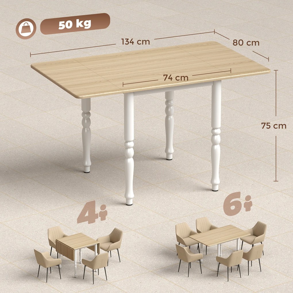 HOMCOM skládací stůl pro 4 až 6 osob 74-134 cm, kuchyňský stůl se 2 klapkami, ocelové nohy, přírodní dřevěný vzhled