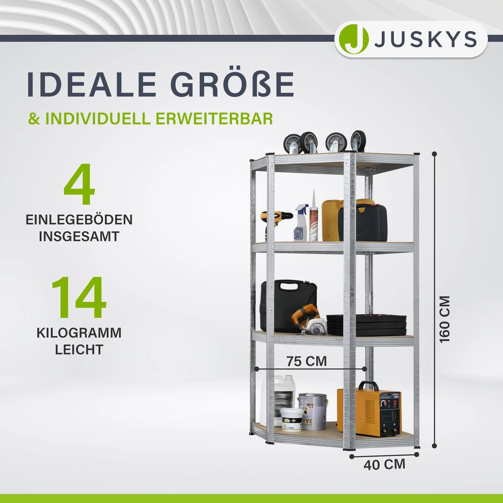 Juskys Rohový kovový regál Corner Easy 160 × 75 × 40–75 cm Barva: stříbrná