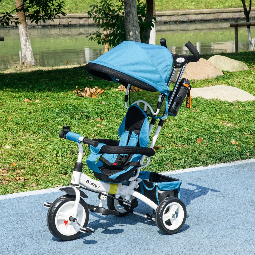 HOMCOM 6v1 Tříkolka s Plochým Řídítkem, Dětská Tříkolka s Odnímatelnou Slunečníků, Balance Bike s 5-bodovým Bezpečnostním Pásem, Košíkem, Držákem na …