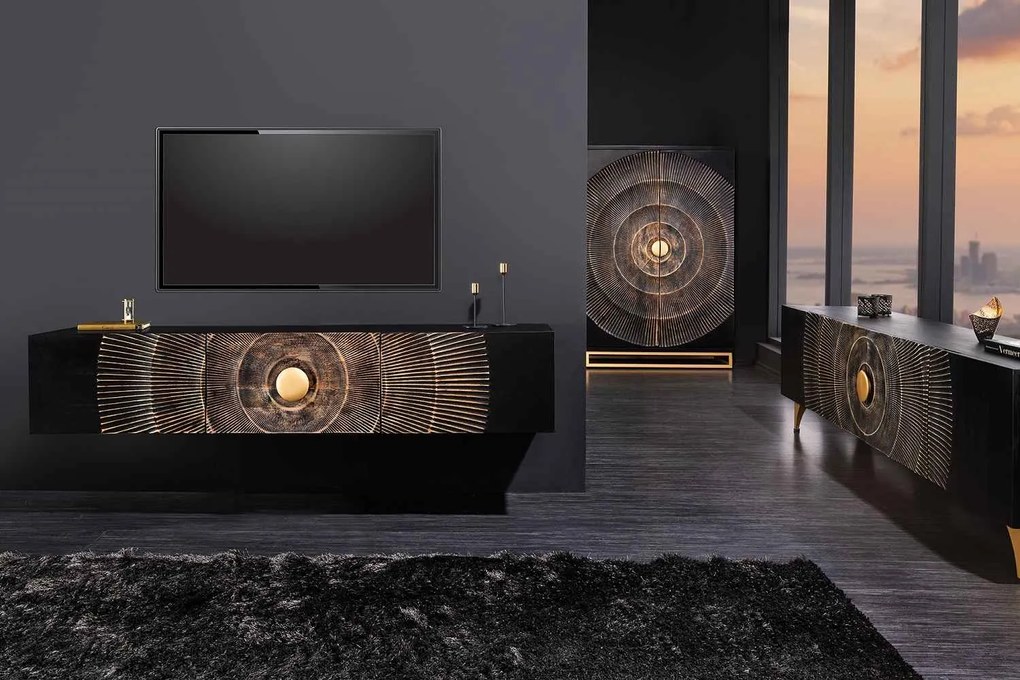 Designový závěsný TV stolek Venetia 160 cm černo-zlatý