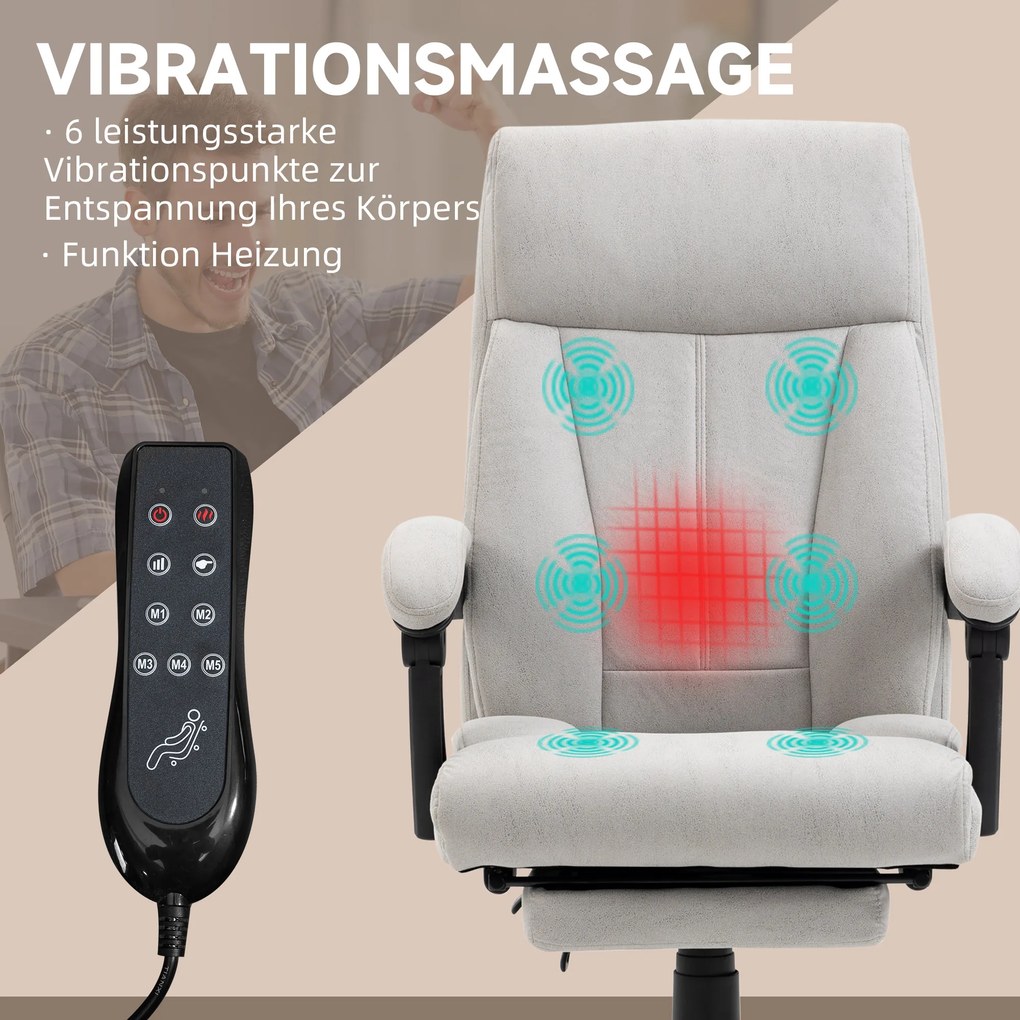 Kancelářská židle Vinsetto s masážní funkcí, ergonomická manažerská židle s výškově nastavitelnou opěrkou nohou, světle šedá pro kancelář a domácí ka…