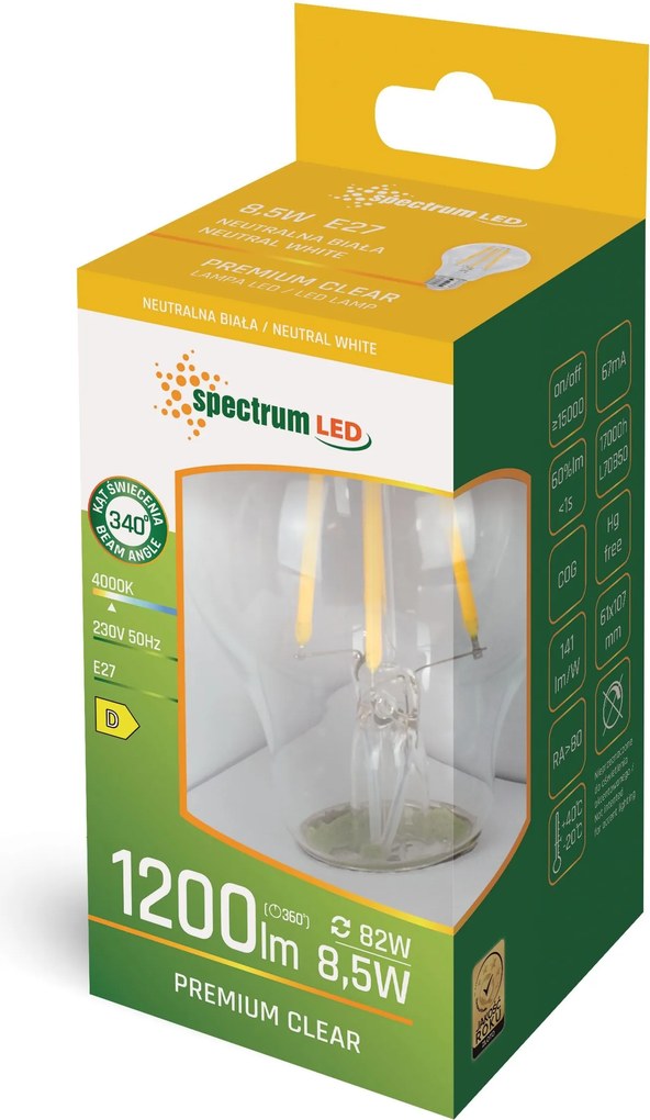 Spectrum LED Spectrum LED, LED žárovka GLS E-27 8,5W, 4000K, 1200lm, WOJ+14596, OSW-05757
