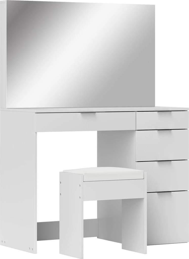 HOMCOM Set toaletního stolku s zrcadlem a 5 zásuvkami 97,2x44,5x136,5 cm a polstrovaným make-upovým stoličkem 40x24x46 cm, bílý | Aosom