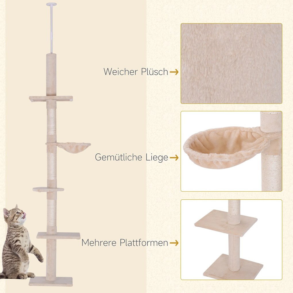 PawHut škrabadlo stropní, H230-260 cm, výškově nastavitelný strom pro kočky, stabilní, béžový| Aosom