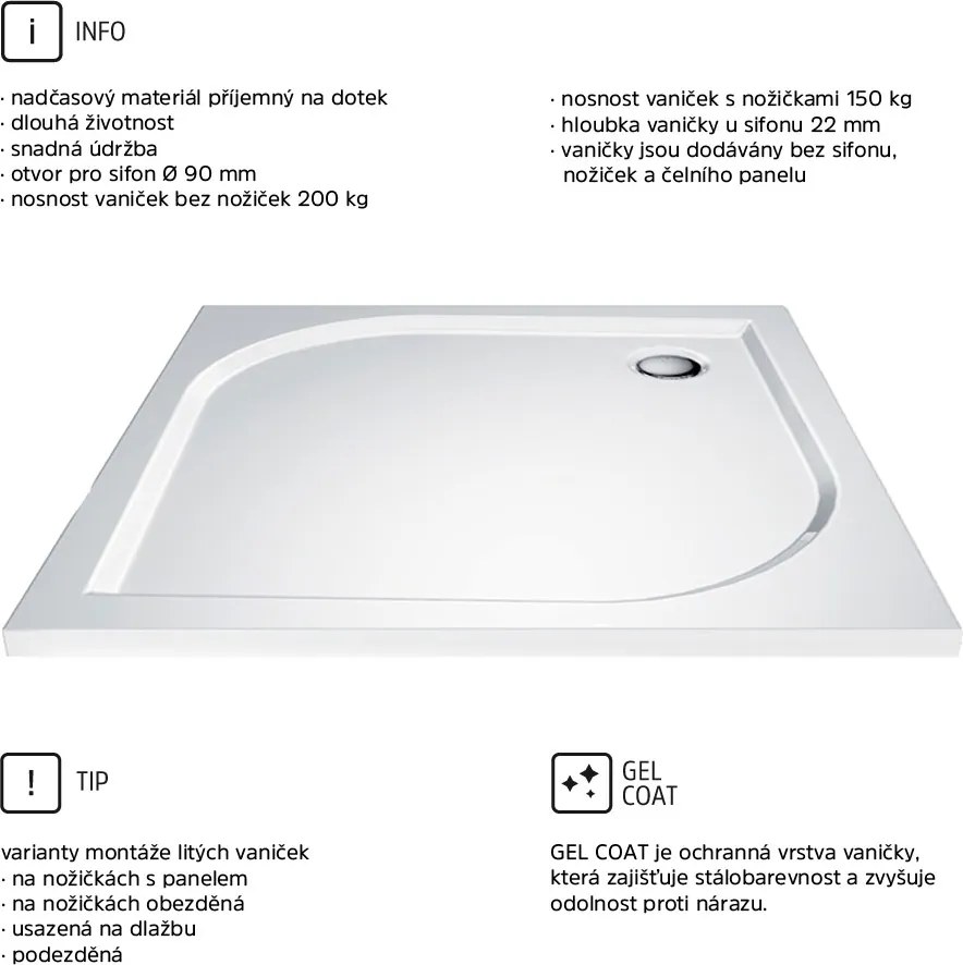 Mereo Mereo, Sprchová vanička, čtverec, litý mramor, bez nožiček, bílá, CV35M