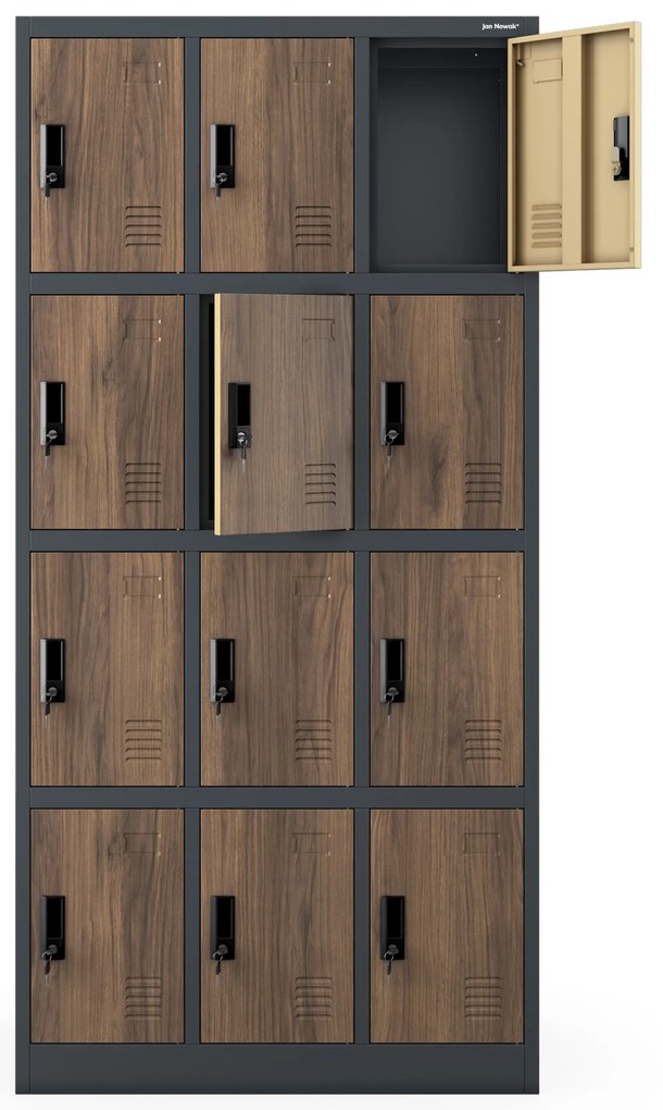 Skříňka pro zaměstnance s 12 uzamykatelnými boxy, bílá antracit/ořech, 900x1850x400 mm: MARCIN Eco Design