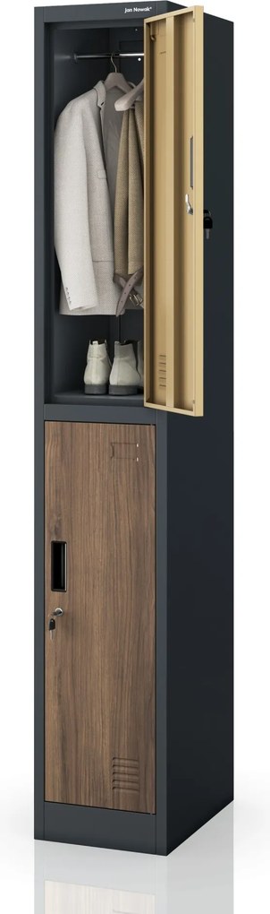 Šatní skříňka BHP, zaměstnanecká, jednotlivá, 2 schránky s tyčí, antracitová/ořech, 316,5x1850x450 mm: IGOR 1 Plus Eco Design