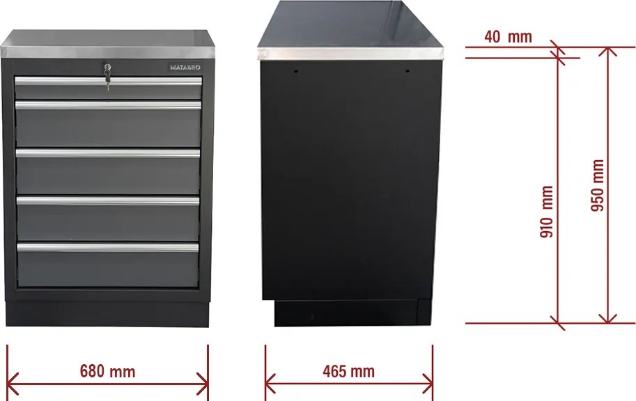 Dílenská skříňka s nerezovou pracovní deskou | 5 šuplíků | 680x465x950 mm Matabro SET-CA01061