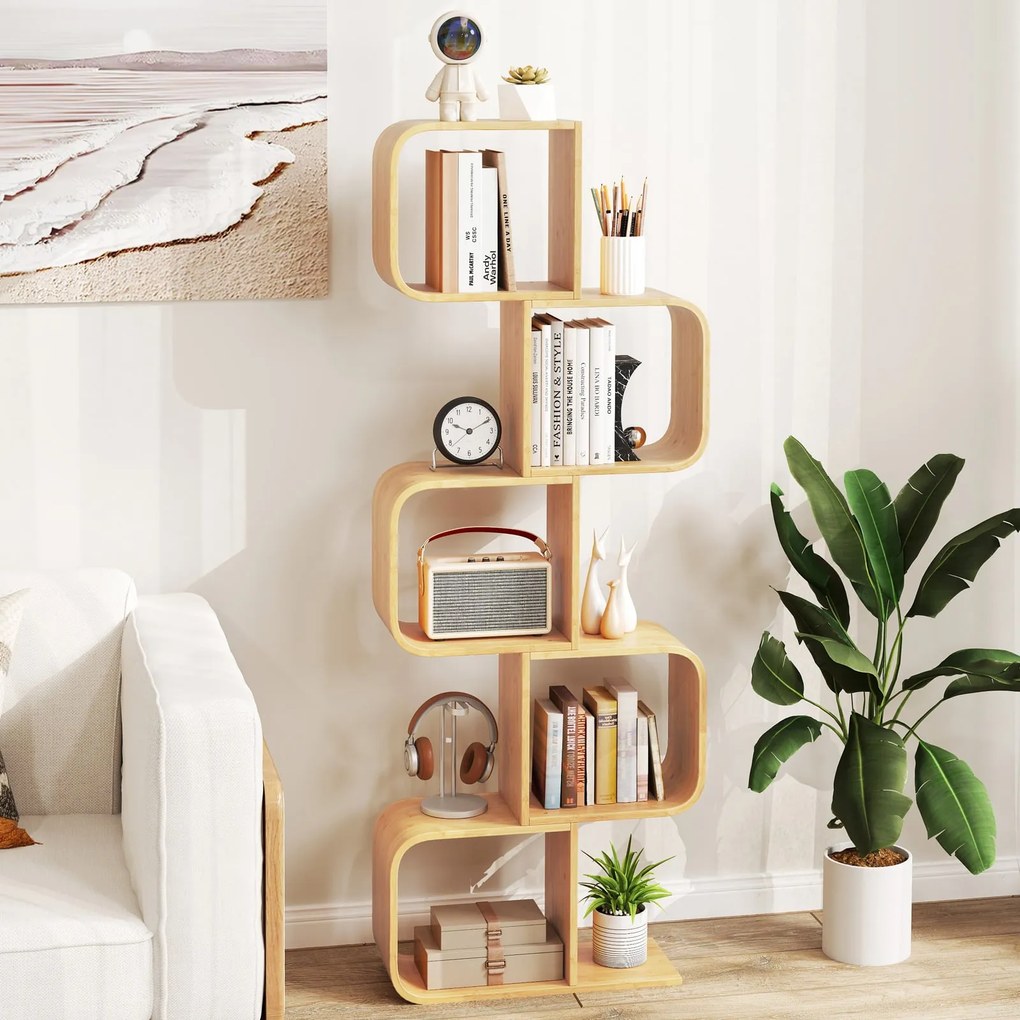Costway Knihovna bambusová stojací police ve tvaru S 5 úrovní kostka police