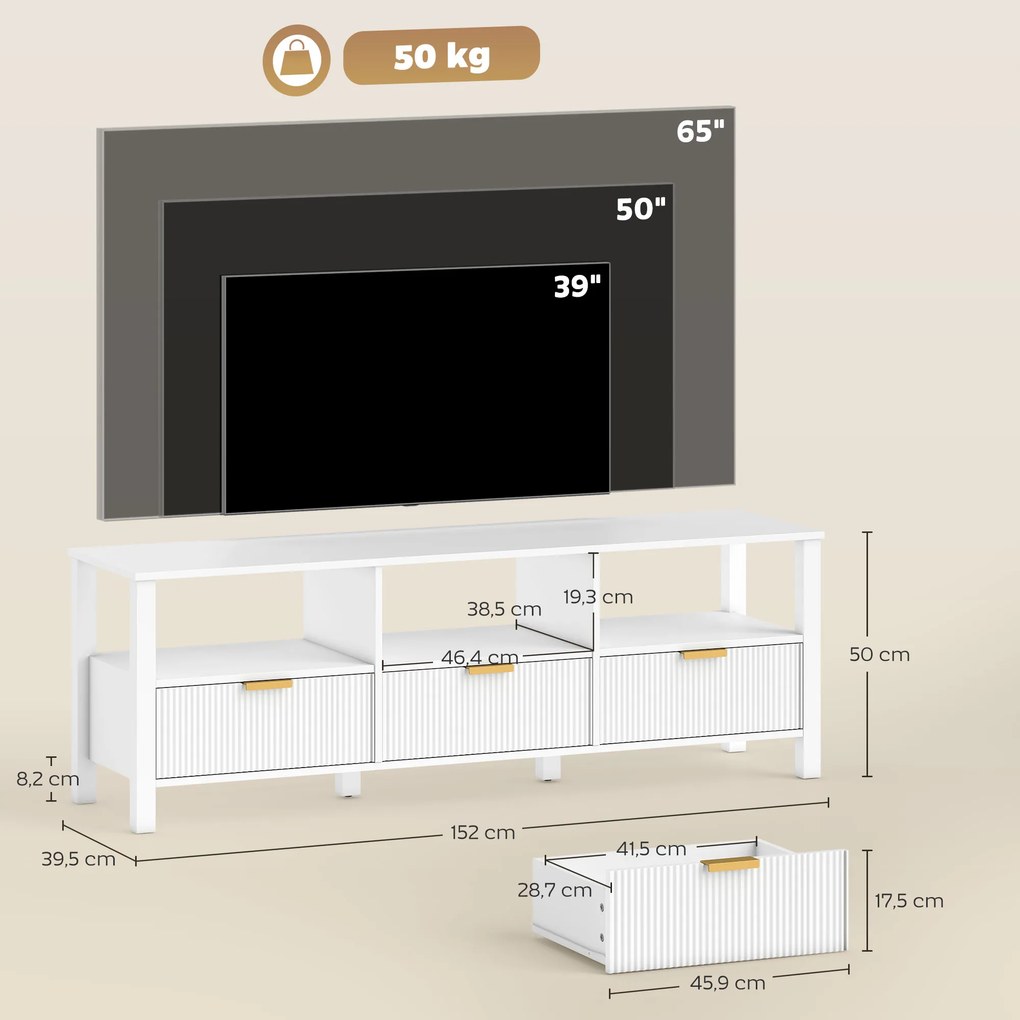 HOMCOM TV nábytek 152 cm, TV nábytek pro televize až 139,7-165,1 cm se 3 zásuvkami a 3 otevřenými přihrádkami, 152x39,5x50 cm, bílá