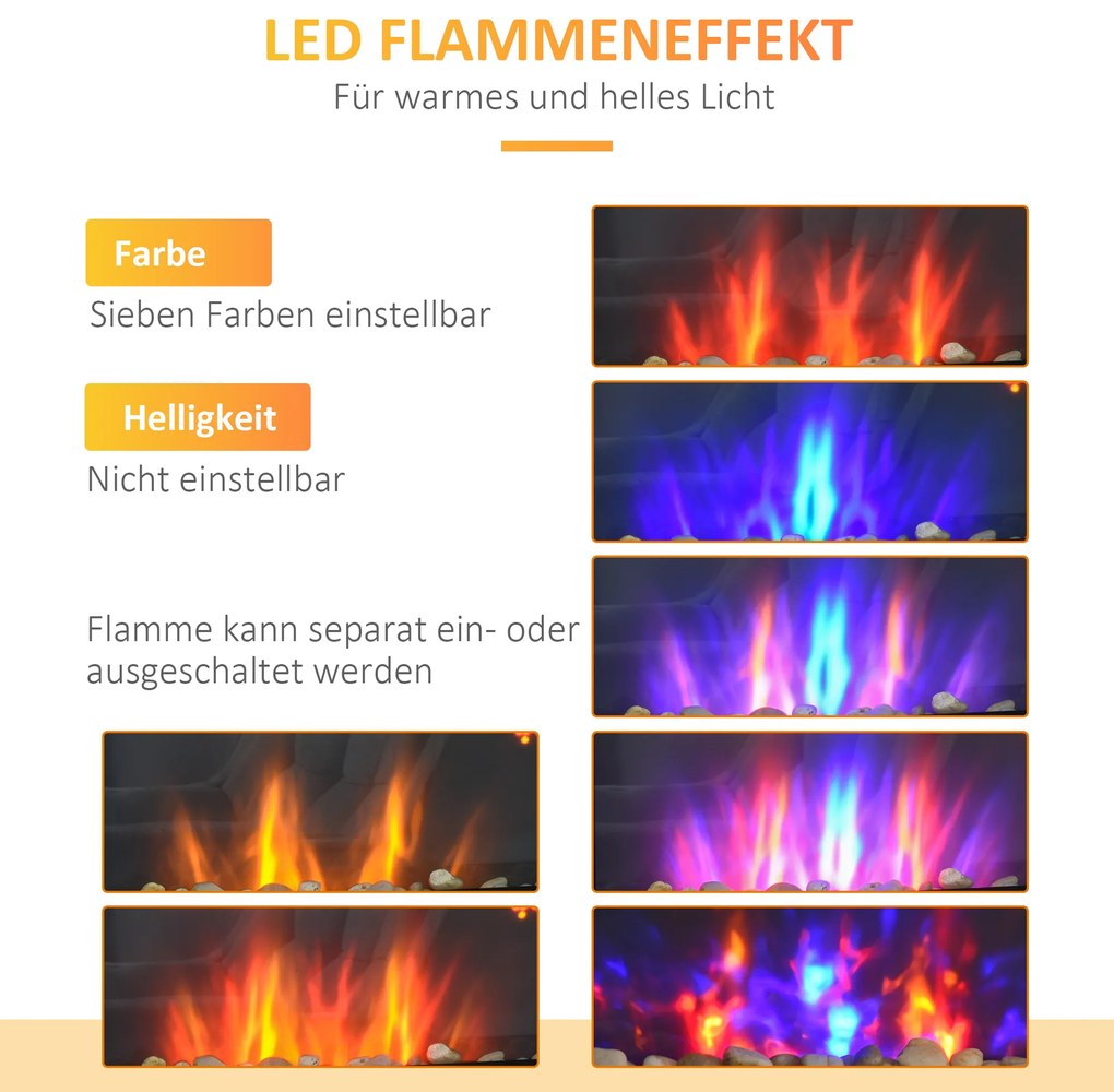 HOMCOM Elektrický krb s LED efektem plamene,1000/2000W, nástěnný krb v 7 barvách, elektrický krb s dálkovým ovládáním, nástěnný, černý | Aosom
