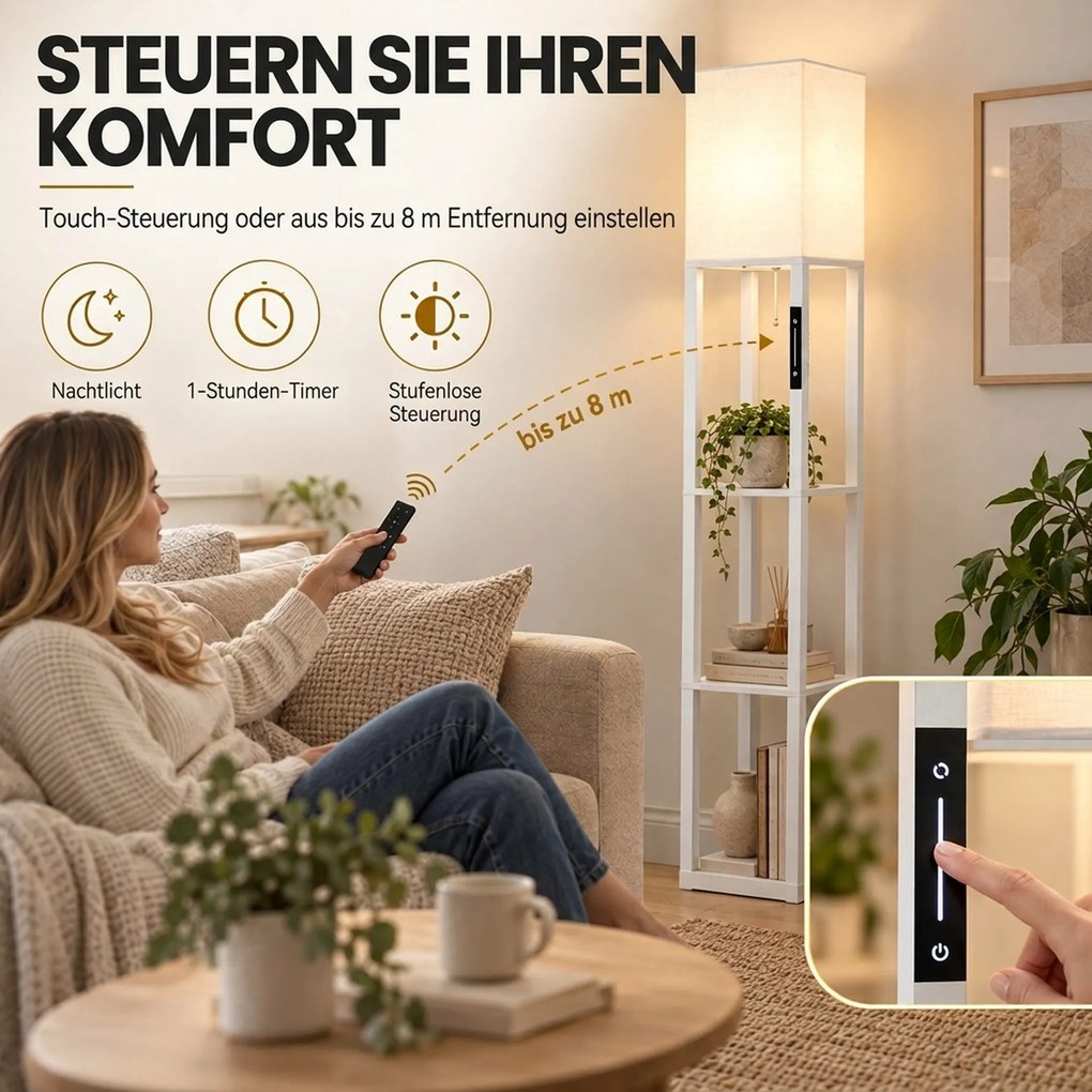 HOMCOM stmívatelná stojací lampa s policemi, bílá