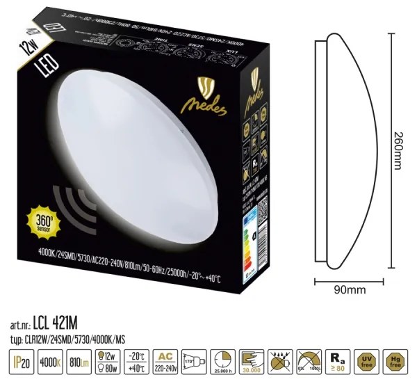 LED stropní svítidlo se senzorem LED/12W/230V 4000K