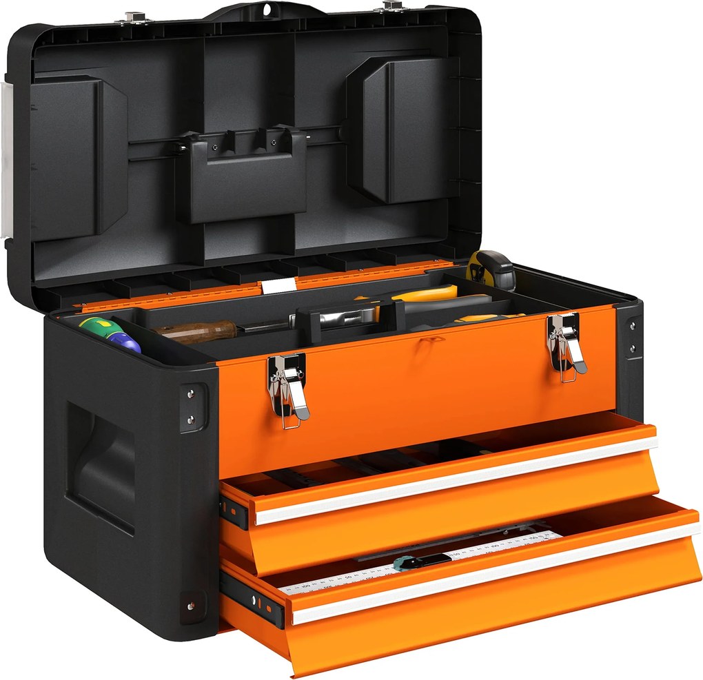 HOMCOM Prázdná Toolbox, 49,7 x 25,3 x 28,9 cm s přihrádkou, mini boxem, horním oddílem, rukojetí, ocelovým pouzdrem, oranžová | Aosom