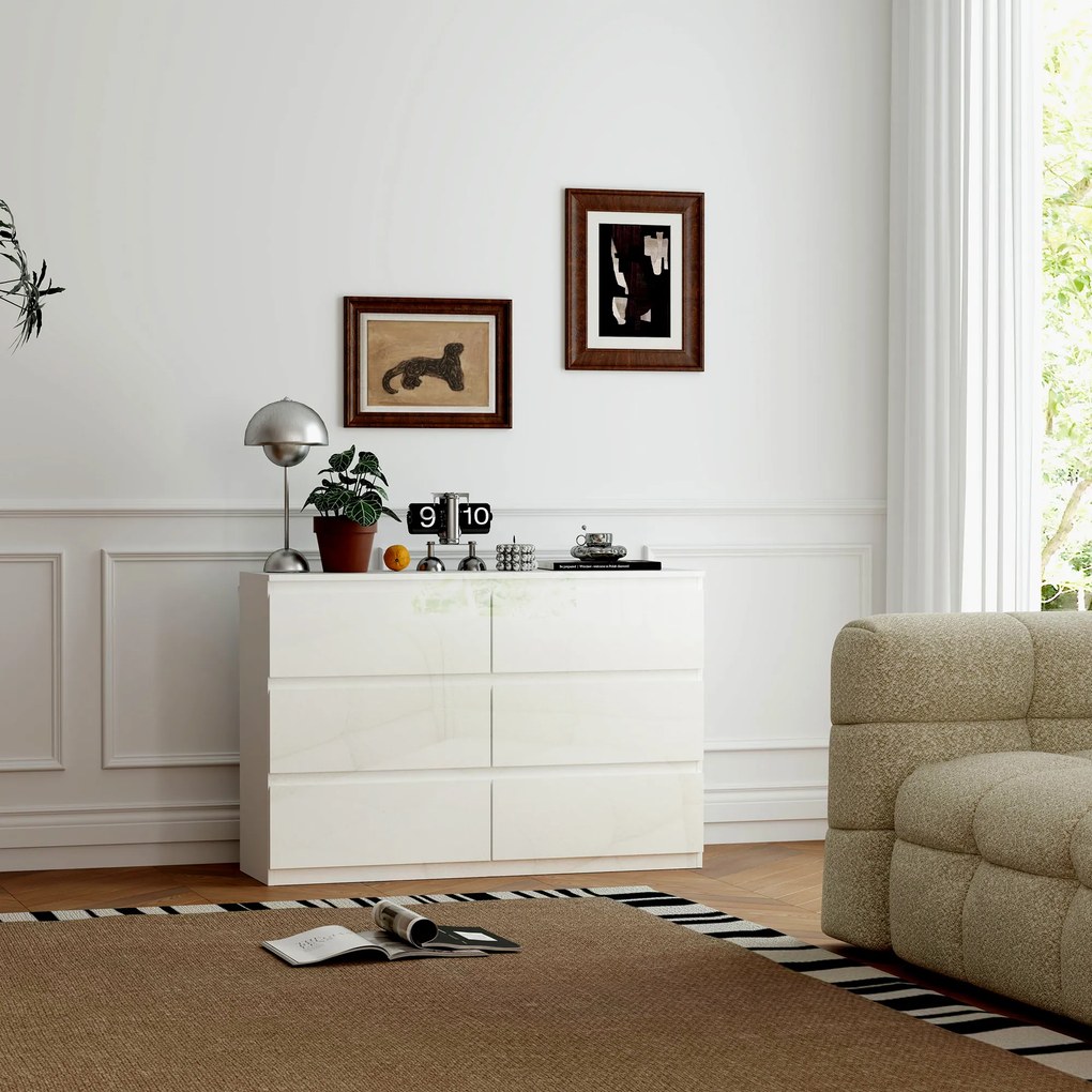 HOMCOM komoda do ložnice s 6 zásuvkami, zásuvková komoda pro obývací pokoj a kancelář, moderní styl, 112x34x75 cm, vysoký lesk bílá