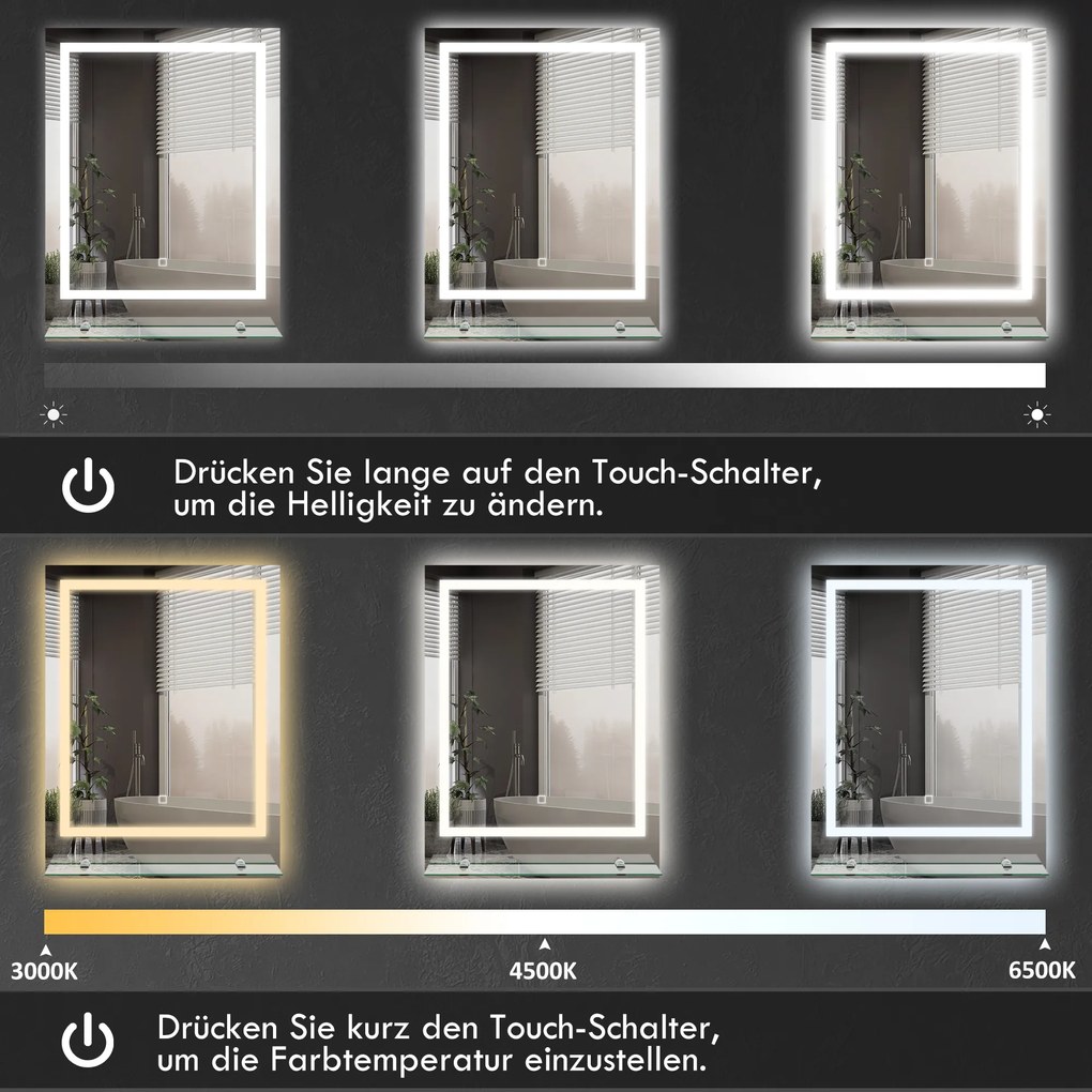kleankin koupelnové zrcadlo s osvětlením, nástěnné zrcadlo se 3 barvami světla, IP44, osvětlené zrcadlo s dotykovým spínačem, paměťová funkce, koupel…