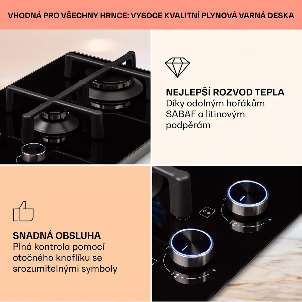 Klarstein Illuminosa Domino, plynová varná deska, 2 hořáky Sabaf, sklokeramika