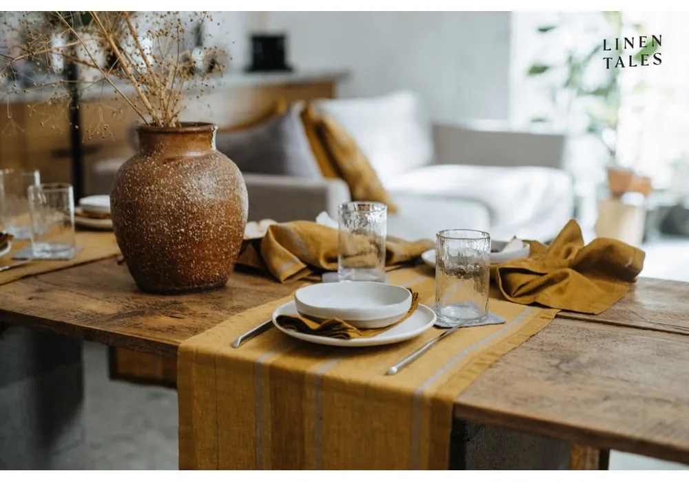 Lněný běhoun na stůl 200x200 cm Amber Bronze Stripes – Linen Tales