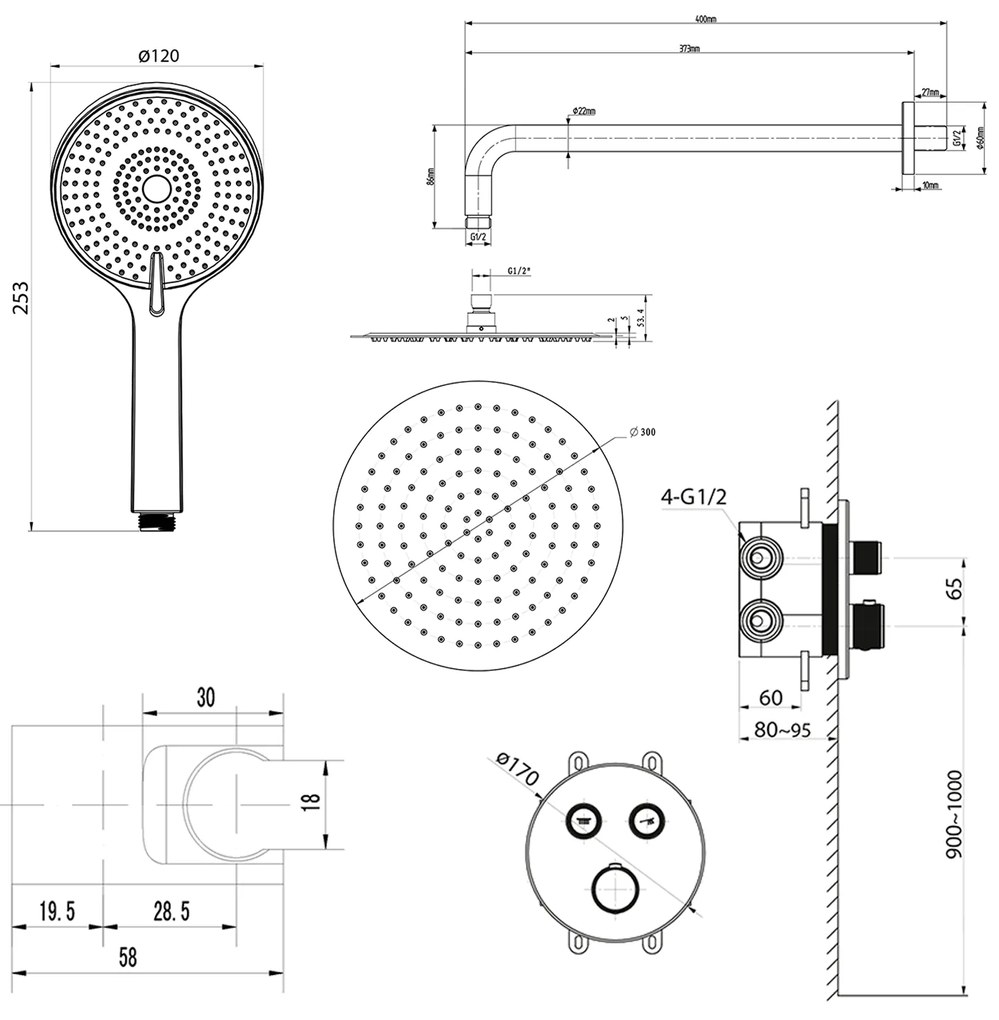 Sapho Sapho, SMART SELECT podomítková termostatická sprchová souprava, 2 výstupy, vystoupení, chrom, RP032-01