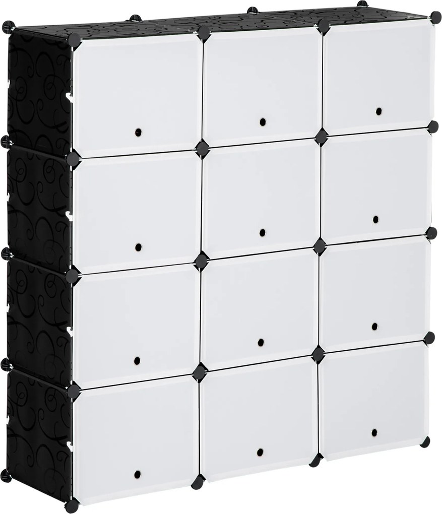 HOMCOM Botník Úložný box s 12 kostkami DIY zásuvný regál s dvířky Plastová ocel Černá+bílá 125 x 32 x 125 cm | Aosom