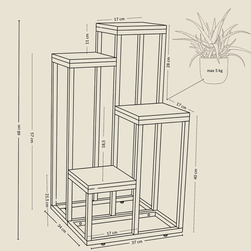 Vysoký stojan na 4 květiny BIOS, 37 x 34 x 68 cm