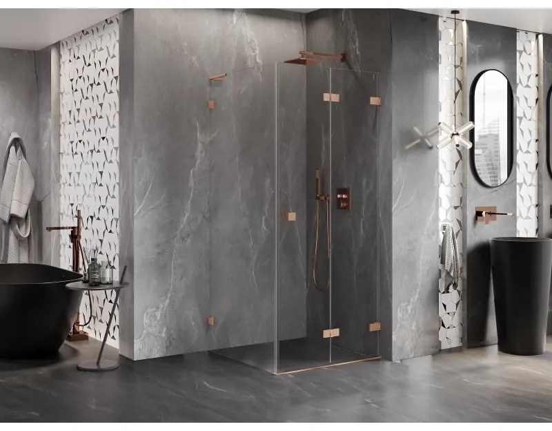 Mexen Lunar-F L, sklápěcí sprchový kout pravý 80 x 80 cm, 8mm čiré sklo, profil měděná matná, 836L-080-080-65-00-P