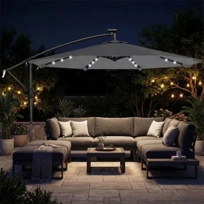 Outsunny excentrický slunečník se solárními LED, 330x295 cm, zahradní slunečník s křížovým stojanem, klikou a ochranným krytem, tmavě šedý