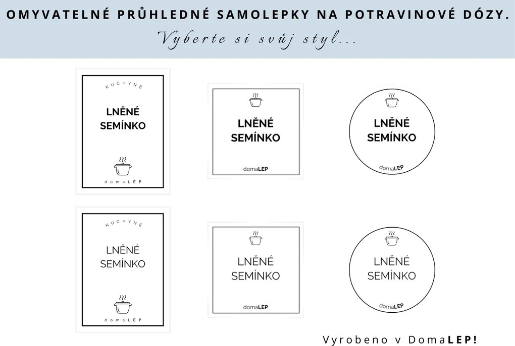 LNĚNÉ SEMÍNKO - omyvatelná samolepka na dózu, výběr rozměrů Ø 5 cm / 5 x 5 cm / 6 x 8 cm | DomaLEP tvar: KOLEČKO, barva: PRŮHLEDNÁ - ČERNÉ písmo, velikost: Ø 5 cm - základní písmo