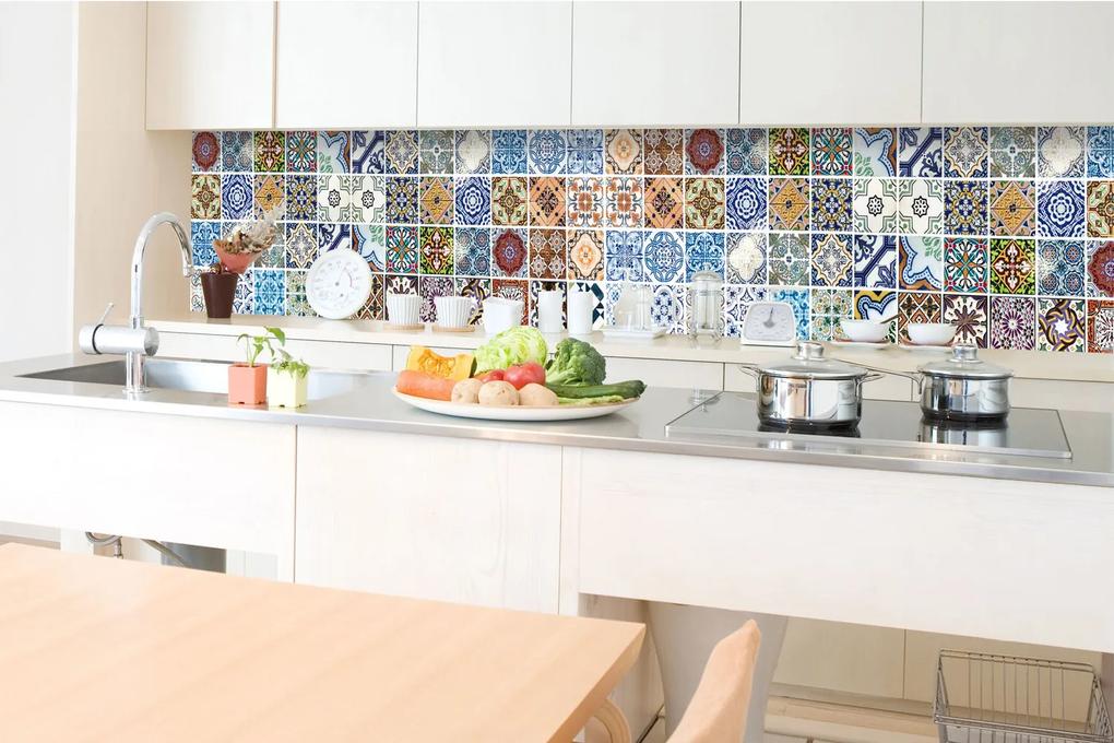 DIMEX | Fototapeta do kuchyně Lisabonské kachličky KI-350-244 | 350 x 60 cm | vícebarevná, hnědá, modrá