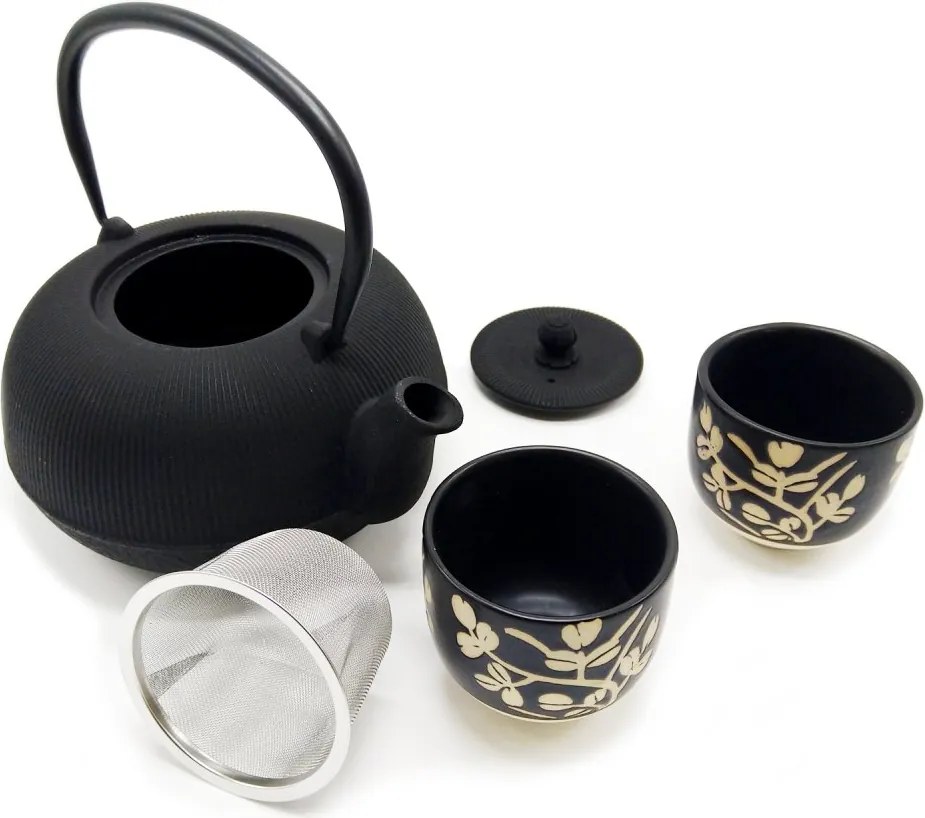Litinová čajová souprava Sichuan, 1 l – sečuánský design, 2 porcelánové hrníčky se vzorem větviček