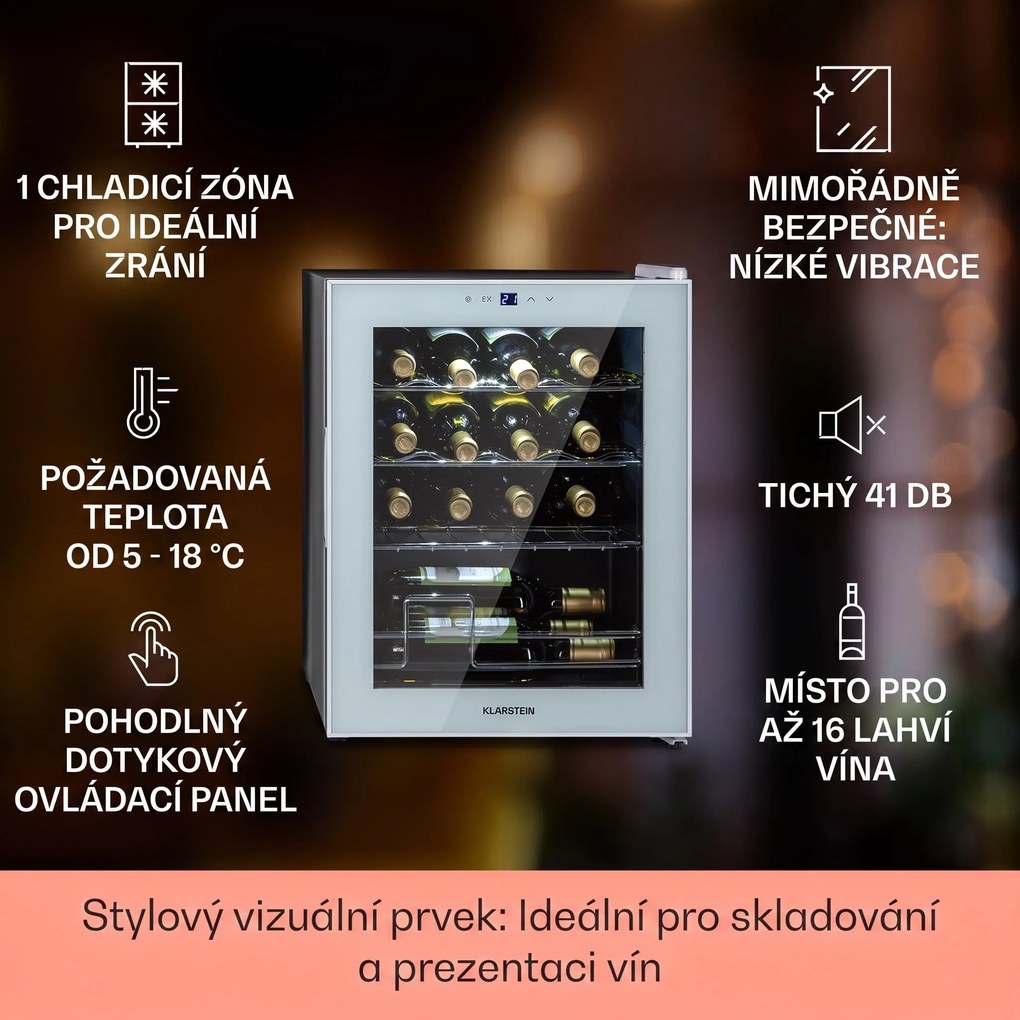 Klarstein Shiraz 16 Quartz, vinotéka, 42 l,160 W, 5-18 °C, dotykové ovládání