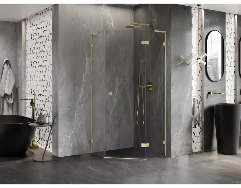 Mexen Lunar, L pravý výklopný pětiúhelníkový sprchový kout 100x100 cm, 8mm čiré sklo, zlatý matný profil, 831L-100P-100L-55-00-P