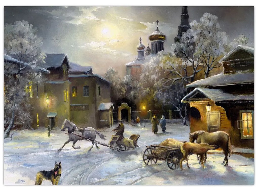 Skleněný obraz - Zimní vesnička (70x50 cm)